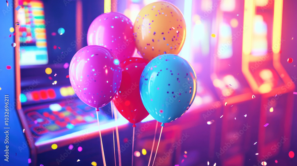 Colorful retro birthday balloons float in front of a vintage arcade ...
