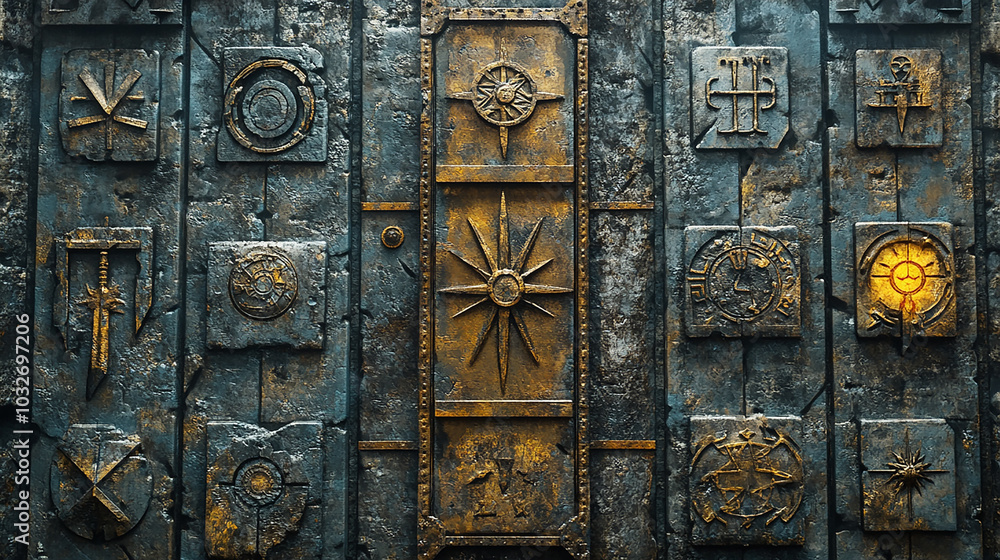 Ancient wall with many symbols and signs, fantasy game concept art ...