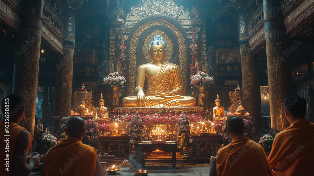 Bodhi Day procession at Buddhist temple, devotees make offerings in ...