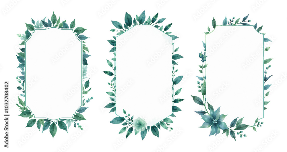 watercolor invitation labels set with deep teal and green, dignified ...