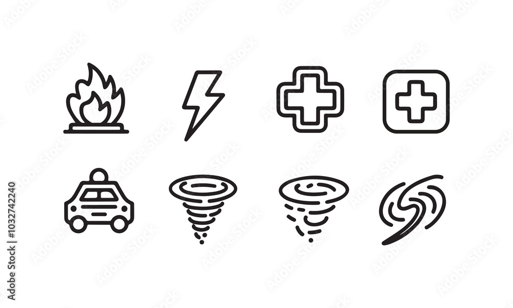 Emergency-Related Symbols: Black and White Vector Line Icon Set ...