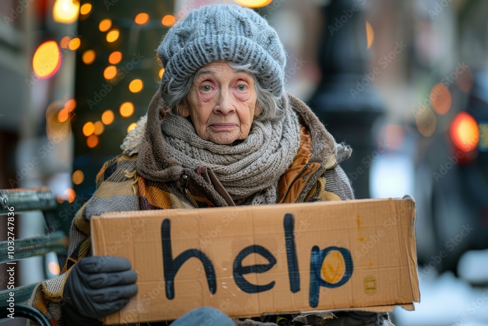Elderly woman on street holding cardboard with "help" written ...