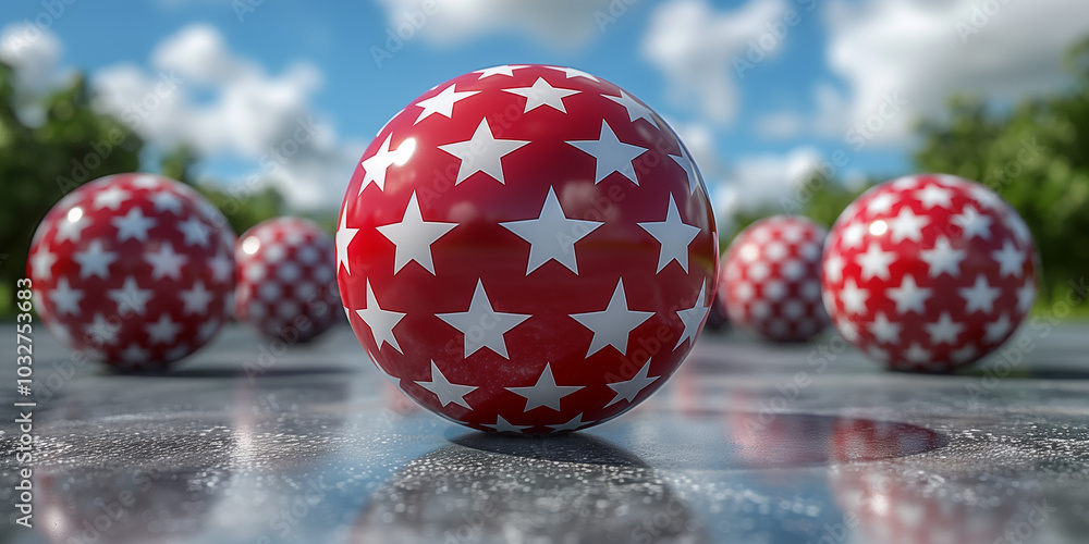Red spheres with white stars, creating a pattern of star shapes ...