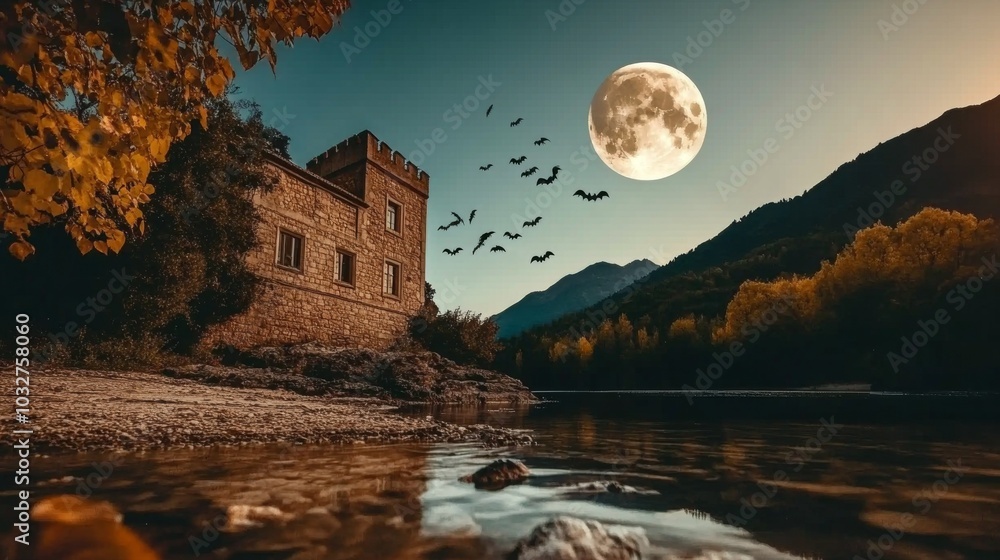Spooky old medieval castle: Ancient eerie castle on mountain, swarm of ...