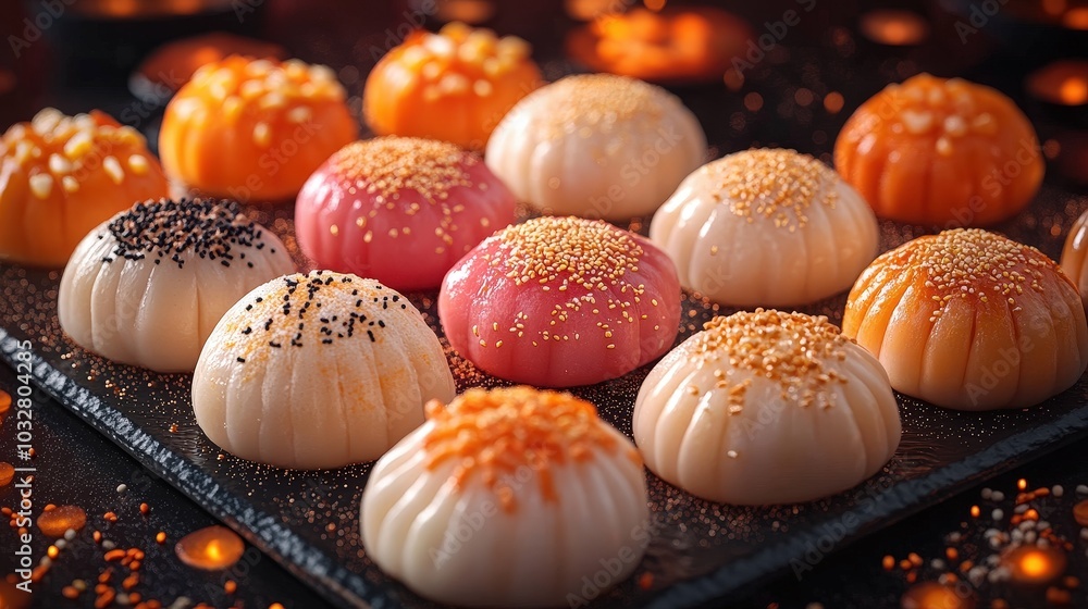 Fluffy Bao Buns Floating in Mid-Air with Sparkling Reflexes on Gradient ...