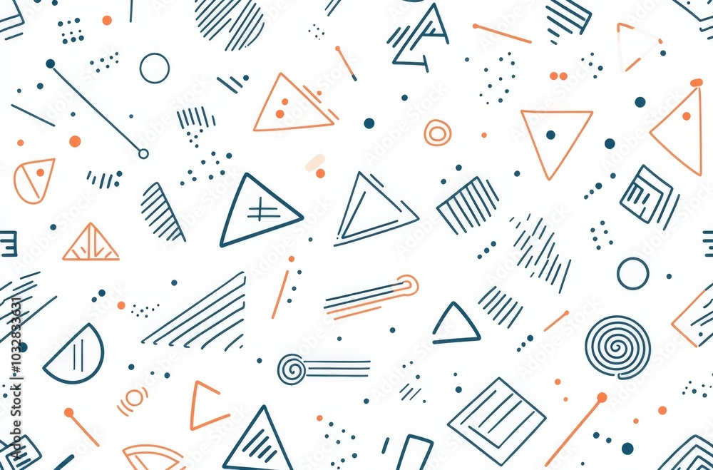 orange and blue pattern featuring simple line drawings of various ...