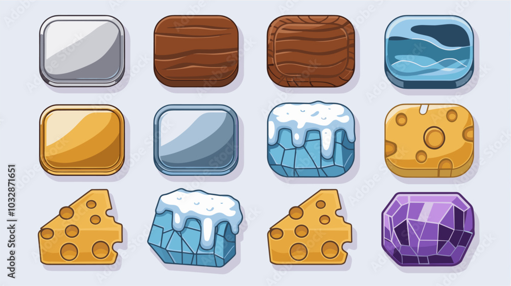 Square buttons with metal, wooden and water textures for ui game design ...