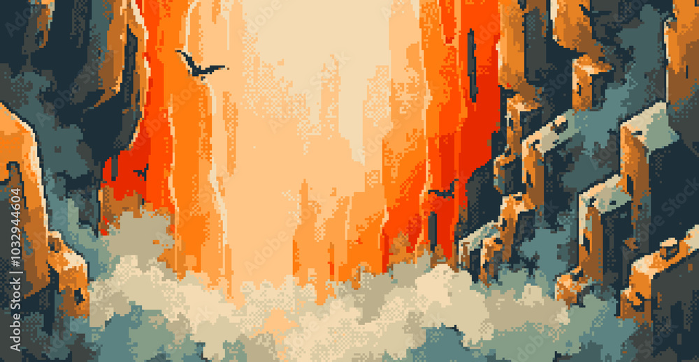 bats flying in a red steaming pixel art style cave, biome opening ...