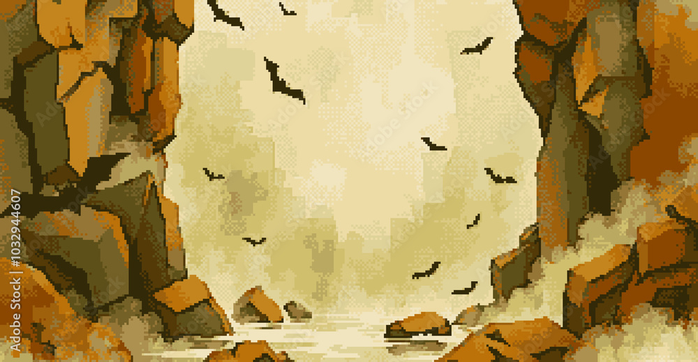 flying bats at the entrance of a cave and waterfall, brown theme pixel ...