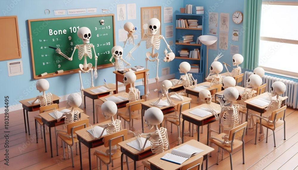 classroom scene where 3d rendered cartoon skeletons are attending ...