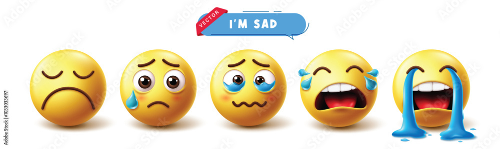 Emoji sad 3d characters vector set. Emojis emoticons in unhappy, crying ...