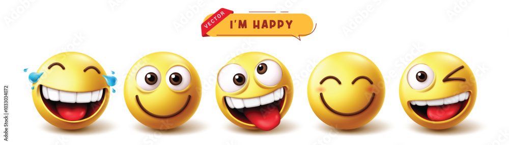 Emoji happy characters vector set. Emojis emoticon character in funny ...