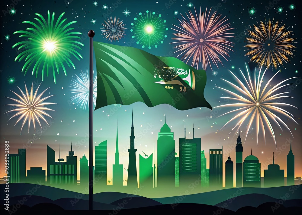 Cartoon Style Night Photography of Saudi Arabia Founding Day ...