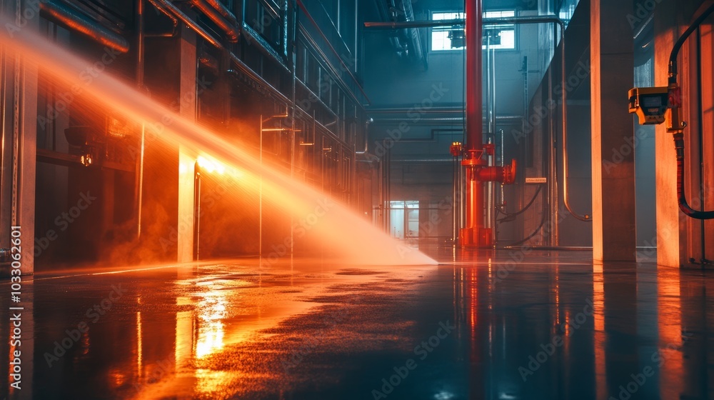A modern industrial fire suppression system in action, with automatic ...