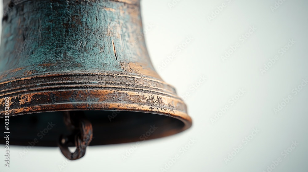 Large historic bell from a clock tower, aged bronze texture, white ...