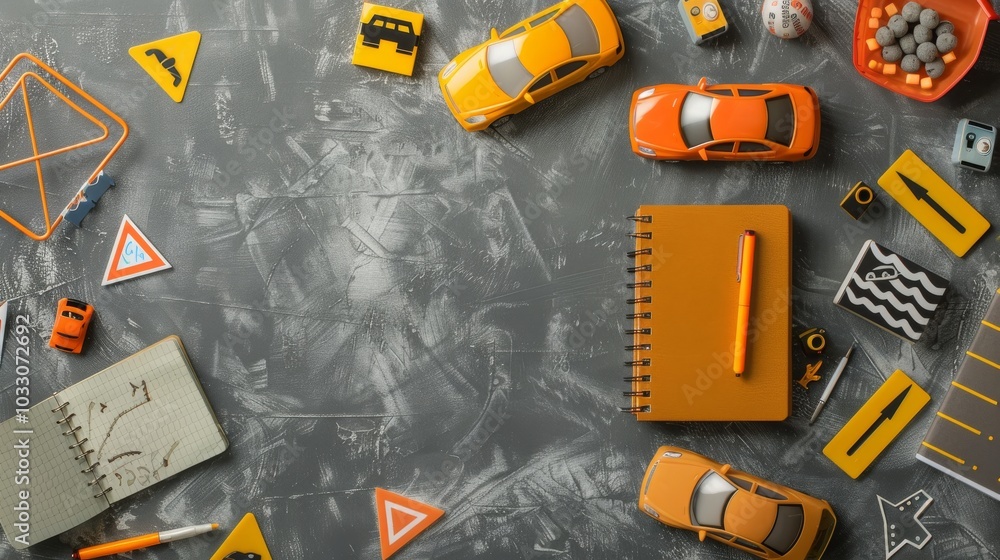 Variety of road signs, colorful notebook, and toy car arranged on a ...