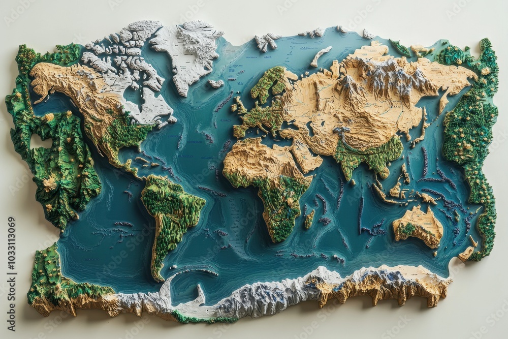 A detailed topographic world map with contour lines, elevation markers ...