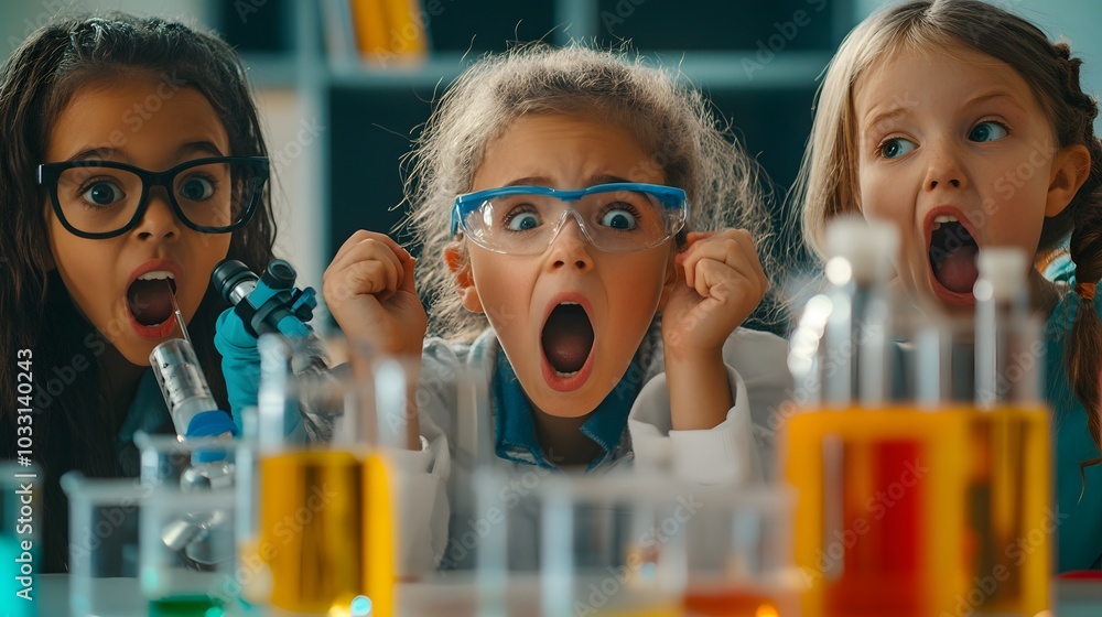 Three Young Girls React With Surprise to a Science Experiment in a Lab ...