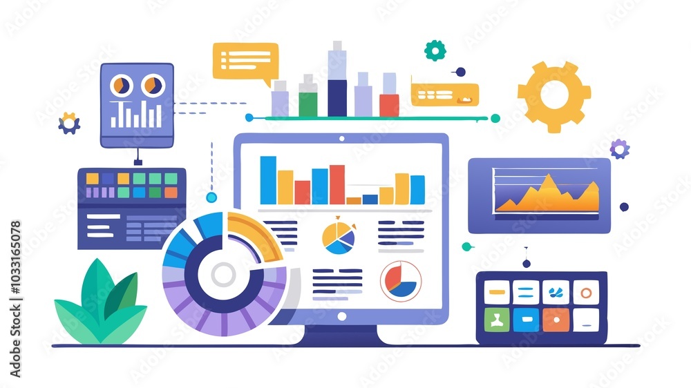 The image shows a computer desktop with multiple graphs, charts, and ...