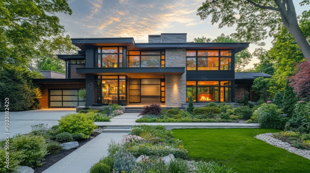 Front view of a modern suburban home with oversized windows, bold ...