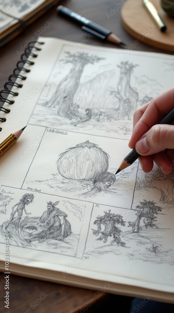 Artist sketching storyboard concepts for animation project with pencil ...