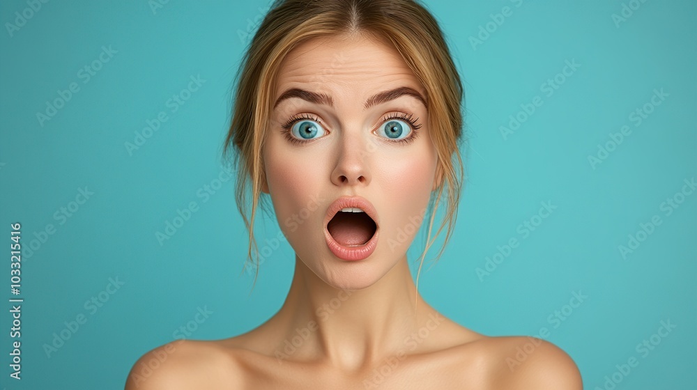 Realistic image of a 38-year-old woman looking surprised with raised ...