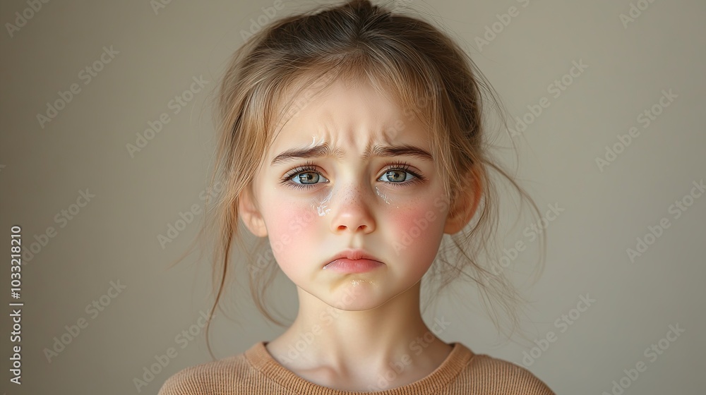 Realistic image of a 8-year-old girl in a sad mood, with a somber ...