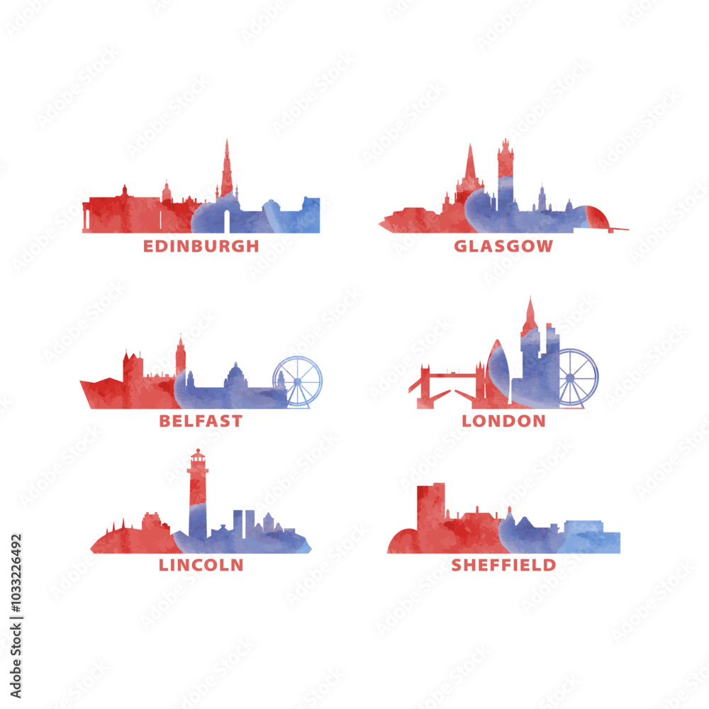 UK, United Kingdom cities skyline vector logo, icon set. Scotland ...