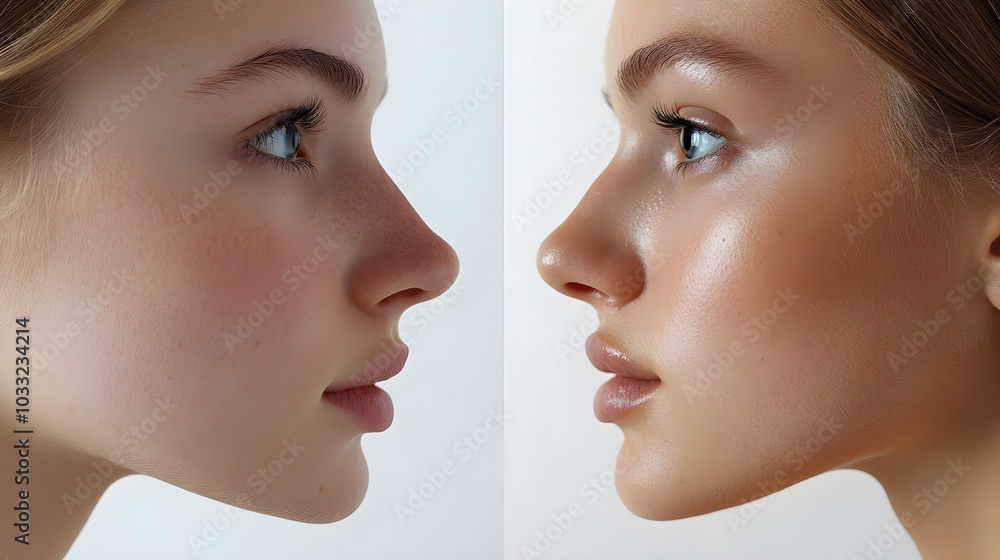 Before-and-after rhinoplasty comparison, highlighting changes in the ...