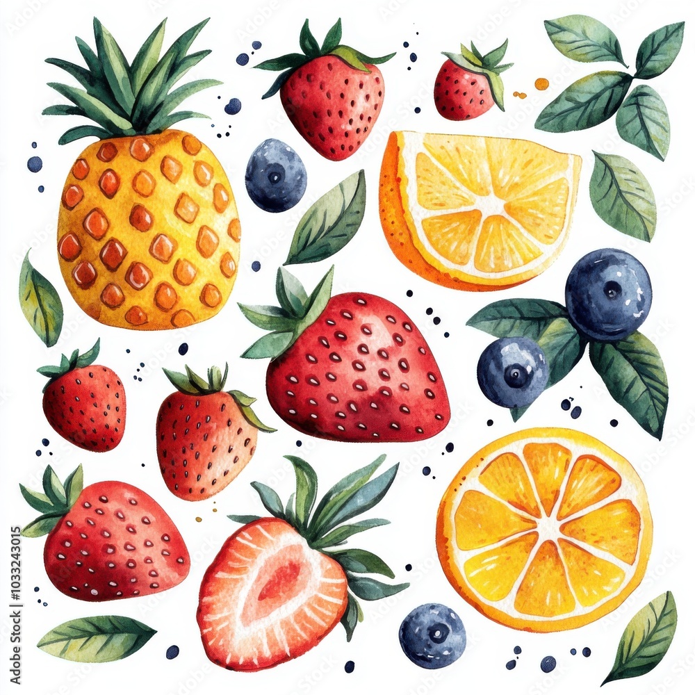 Fruity style illustrations of strawberries, oranges, and blueberries in ...