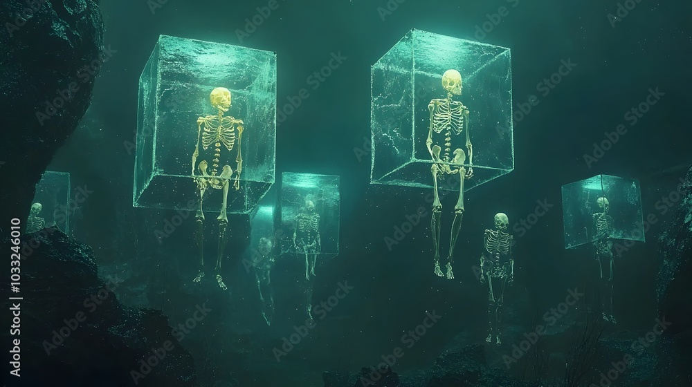 Surreal vision of skeletal remains trapped within transparent 3D cubes ...