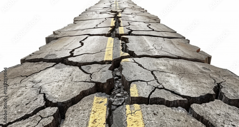 asphalt road isolated on white background. old destroyed, worn out ...