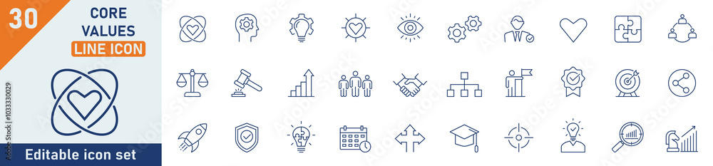 Core Values line icon set. Set of 30 outline icons related to core values, integrity, innovation ...