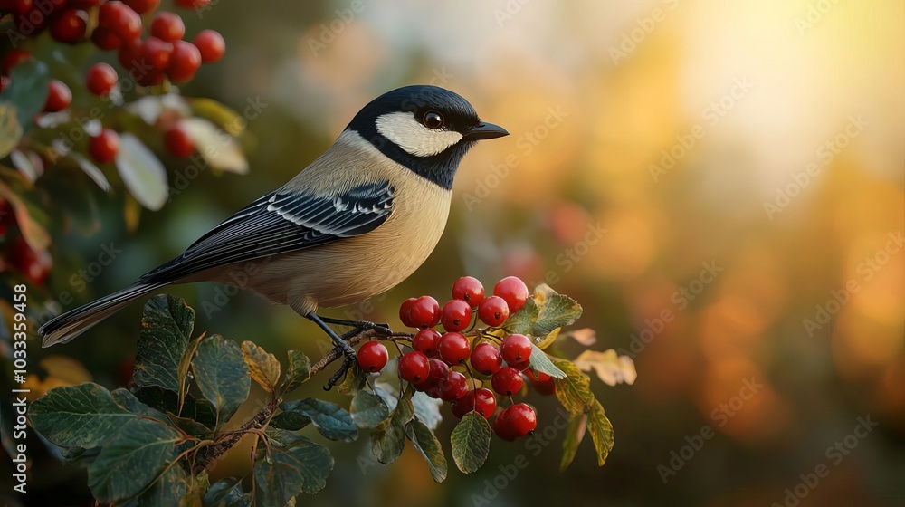 Forest bird pecking at red berries, hyperdetailed 3D scene, realistic ...