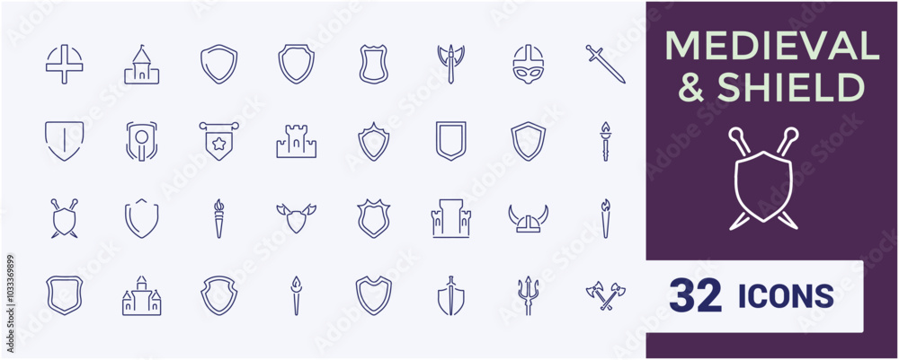 Medieval icons set. Historical icon collections. Simple line art style ...