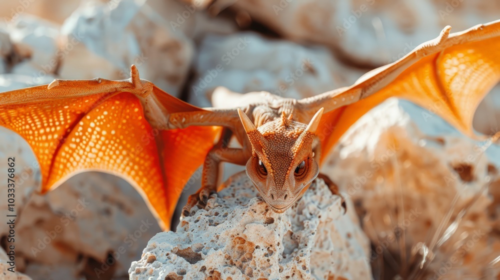 young Pterodactyl landing on rocky terrain. Orange wings spread wide ...