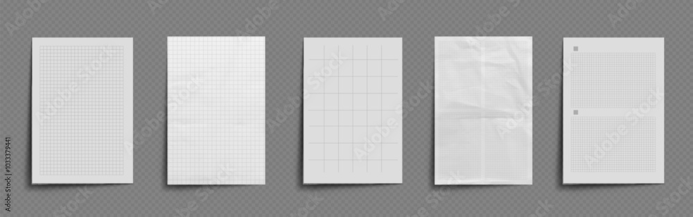 Notebook paper mockup with checkered pattern. Realistic 3d set of white ...
