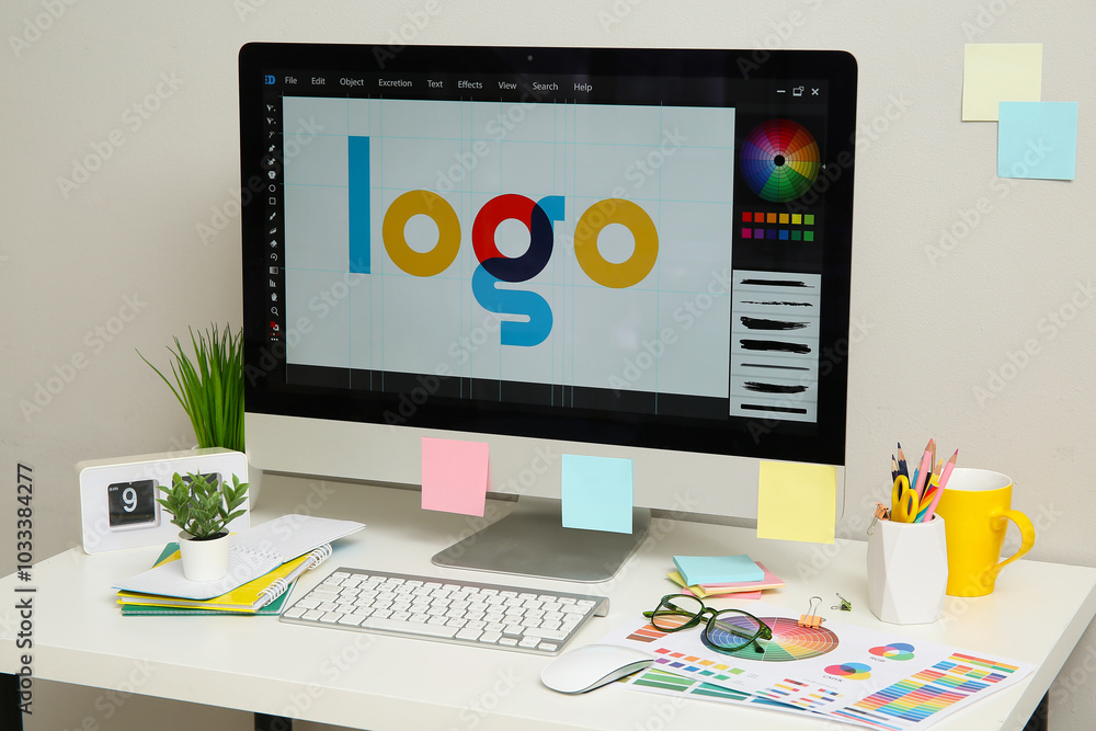 Workplace of graphic designer with modern computer, tea and color ...