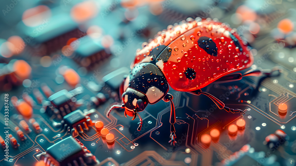 A visual representation of a ladybug on computer circuits symbolizes the concept of computer ...