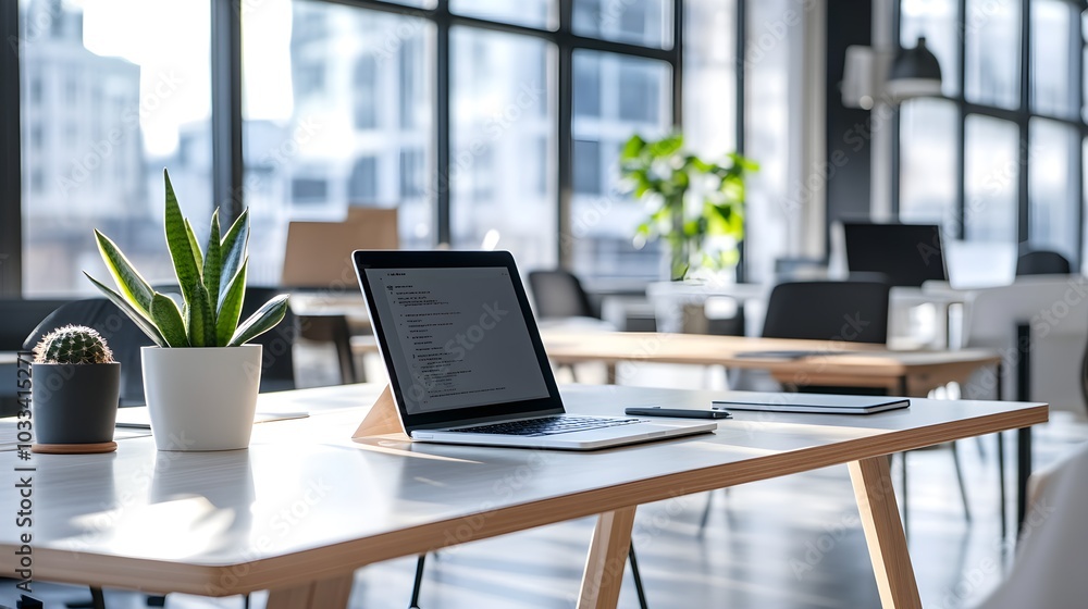 Modern office with a clean, minimalist desk setup, professional ...