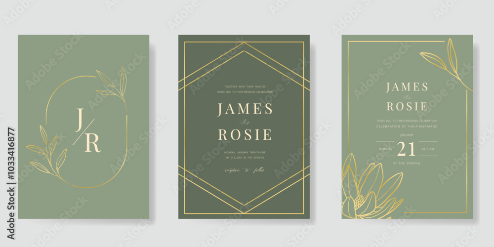 Luxury wedding invitation card vector template. Sage green background ...