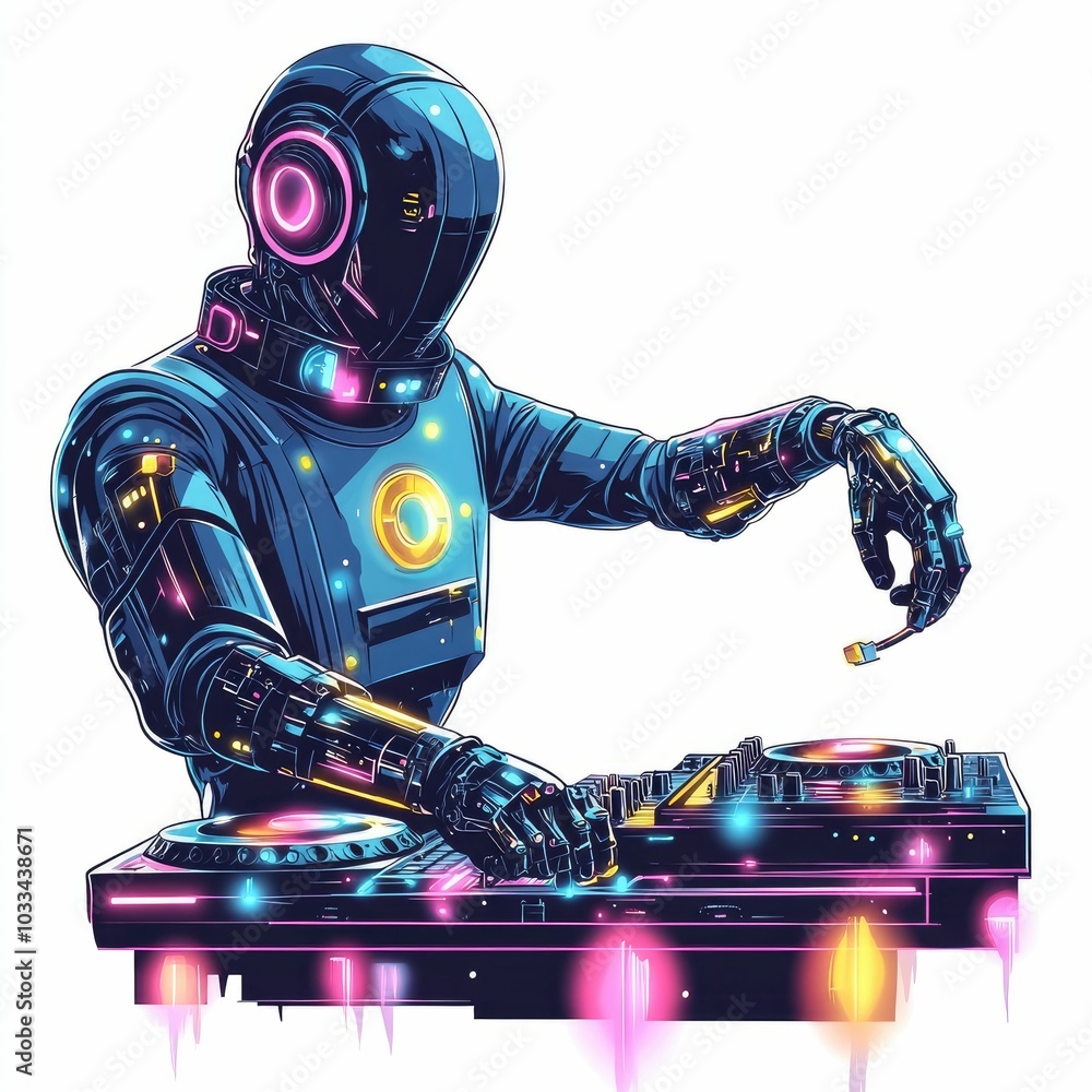 A cybernetically enhanced DJ mixing music on a high tech digital ...