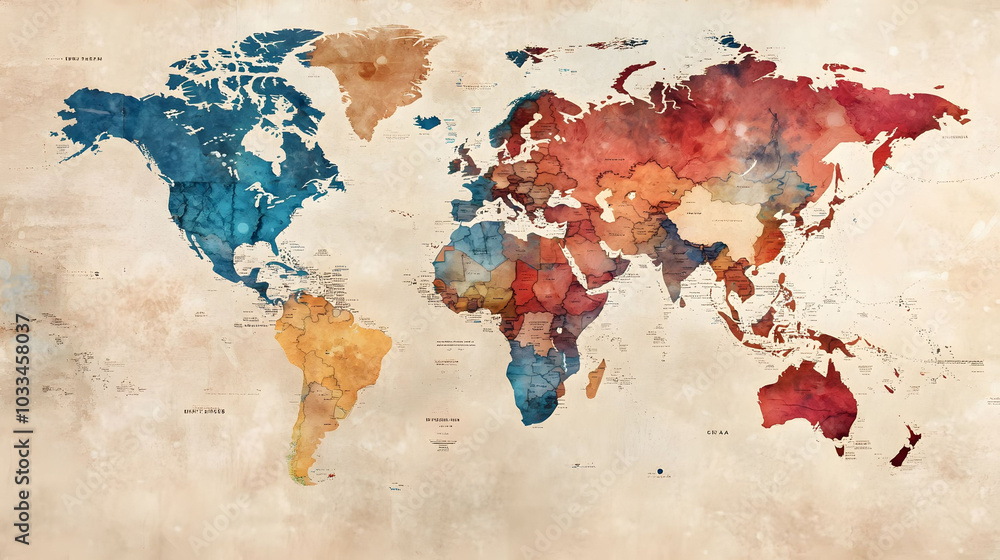 Colorful World Map by Continents, vibrant illustration showcasing ...