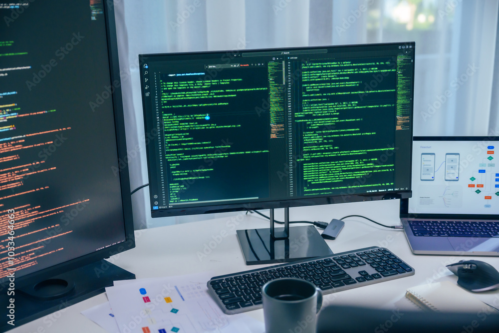 Software development office Workstation setup with multiple monitors ... Software development office Workstation setup with multiple monitors ...
