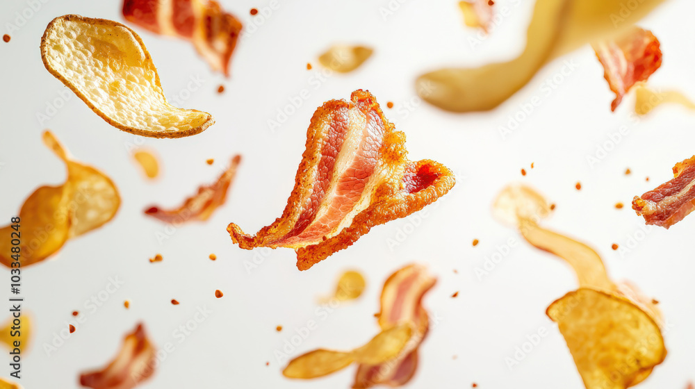 Bacon-flavored chips. Bacon and potato chips are flying through the air ...
