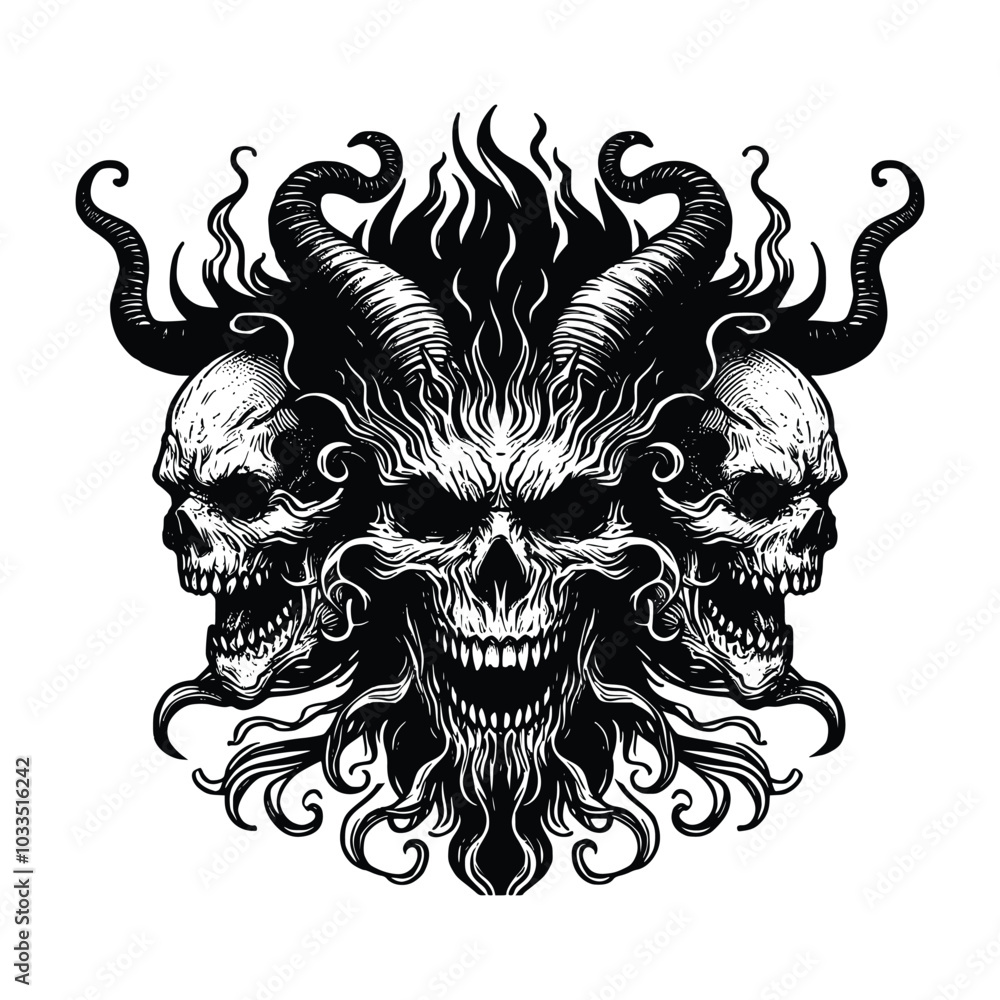 Devil illustration, hand drawn demon with horns in a black and white ...
