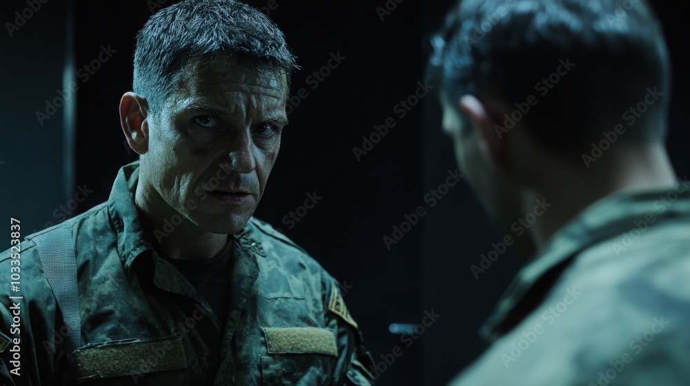 soldier in combat uniform leading an interrogation of a civilian man ...