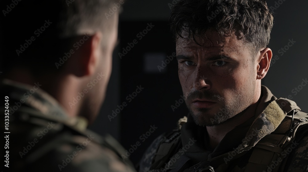 soldier in combat uniform leading an interrogation of a civilian man ...