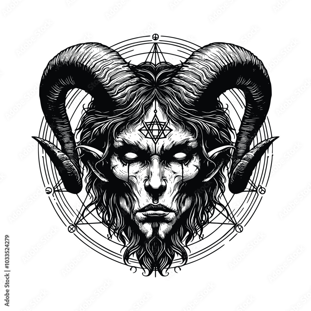 Baphomet hand drawn illustration, satanic goat head in black and white vector, pentagram as the ...