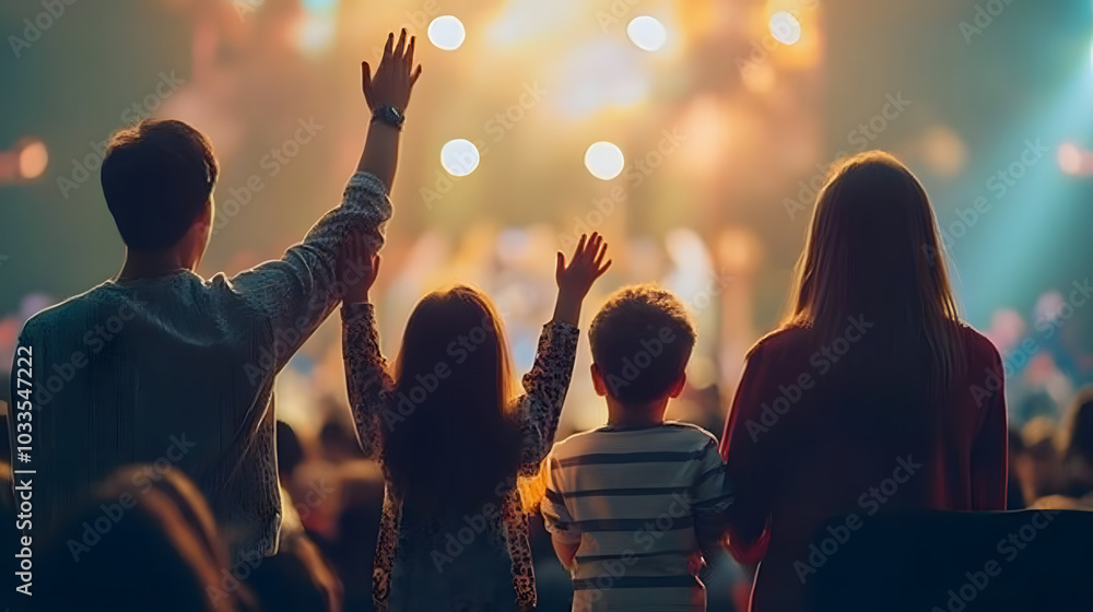 Christian family raised hands to praise God in church worship concert ...